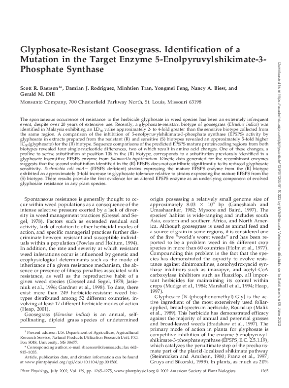 (PDF) Glyphosate-resistant goosegrass. Identification of a mutation in ...
