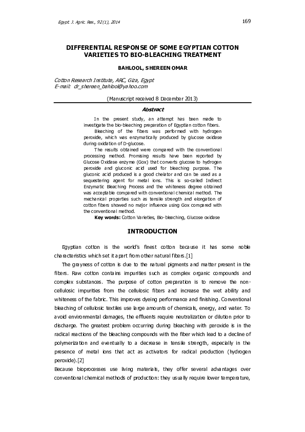 (PDF) Differential Response of Some Egyptian Cotton Varieties to Bio-Bleaching Treatment