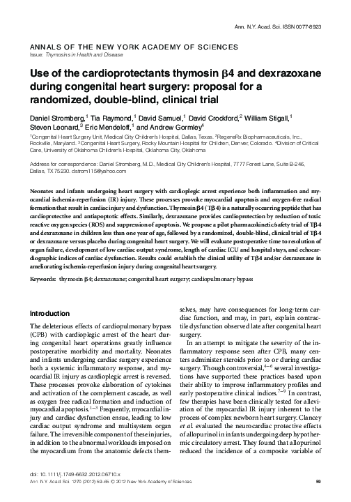 (PDF) Use of the cardioprotectants thymosin β4 and dexrazoxane during ...