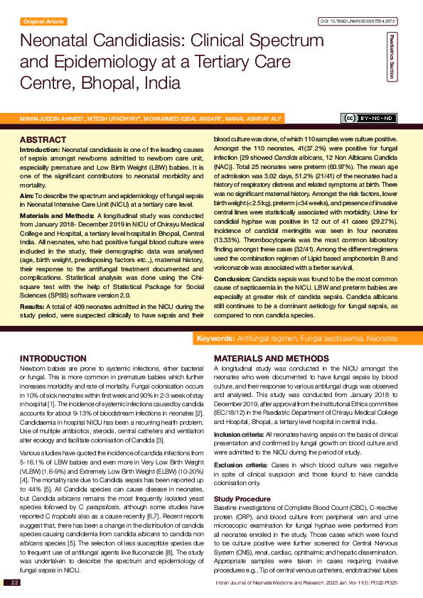 (PDF) Neonatal Candidiasis: Clinical Spectrum and Epidemiology at a ...
