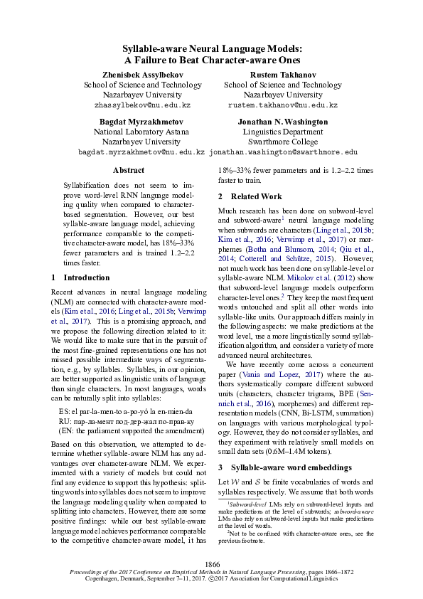 (PDF) Syllable-aware Neural Language Models: A Failure to Beat Character-aware Ones
