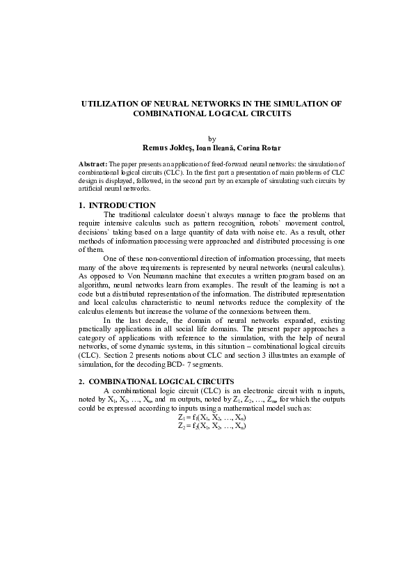 Pdf Utilization Of Neural Networks In The Simulation Of Combinational Logical Circuits 