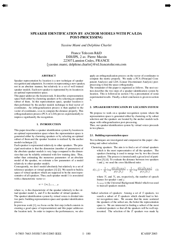 (PDF) Speaker identification by anchor models with PCA/LDA post-processing