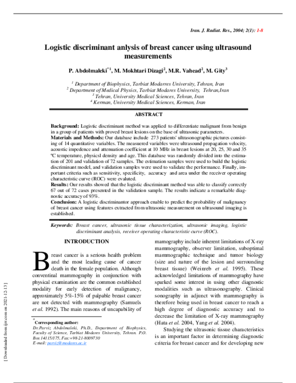 (PDF) Logistic discriminant analysis of breast cancer using ultrasound measurements