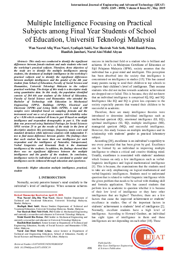 (PDF) Multiple Intelligence Focusing on Practical Subjects among Final ...