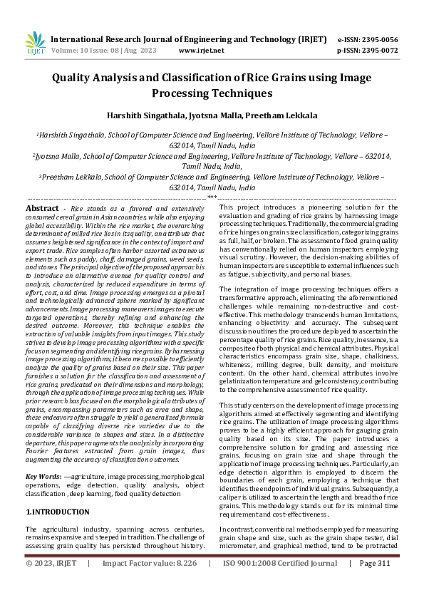 Pdf Quality Analysis And Classification Of Rice Grains Using Image Processing Techniques