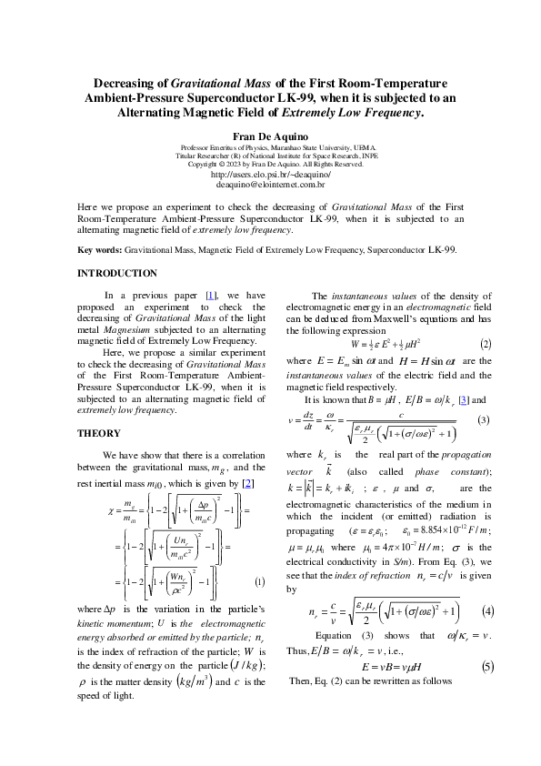 (PDF) Decreasing of Gravitational Mass of the First Room-Temperature ...