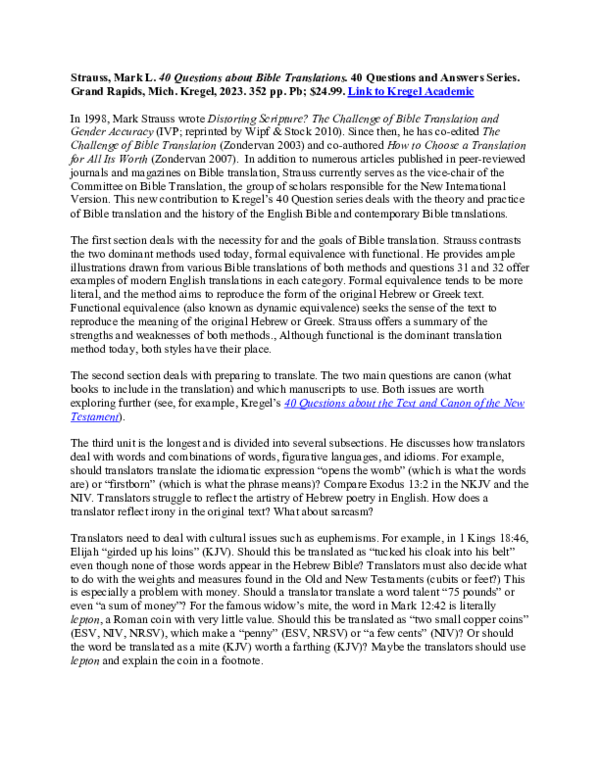 (PDF) Mark L. Strauss, 40 Questions about Bible Translations. Grand ...