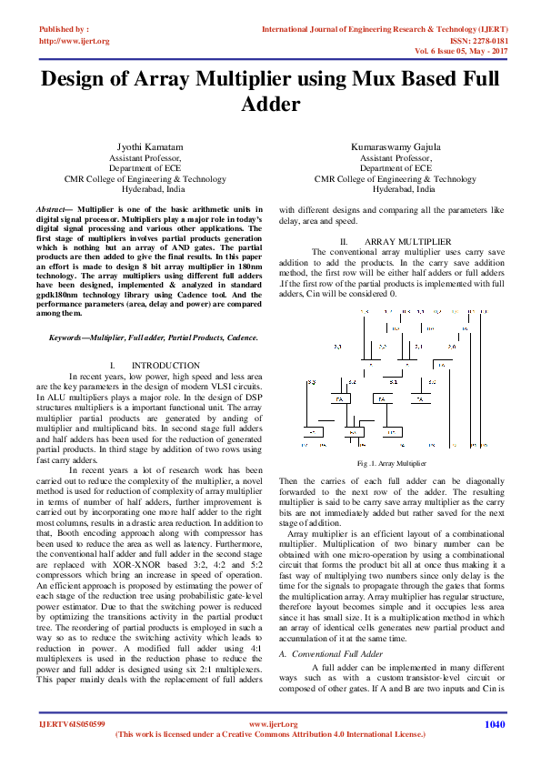 Pdf Design Of Array Multiplier Using Mux Based Full Adder