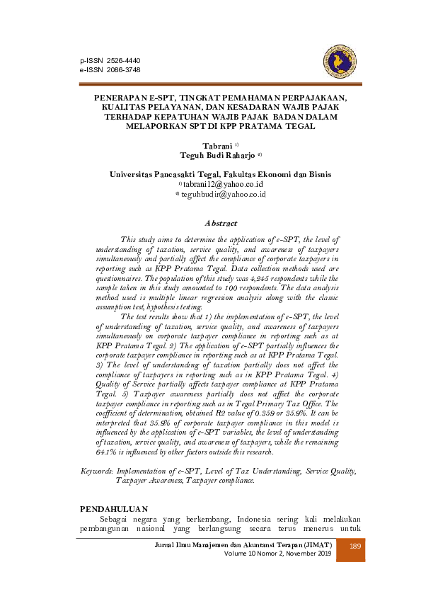 (PDF) Penerapan E-SPT, Tingkat Pemahaman Perpajakaan, Kualitas Pelayanan, Dan Kesadaran Wajib ...