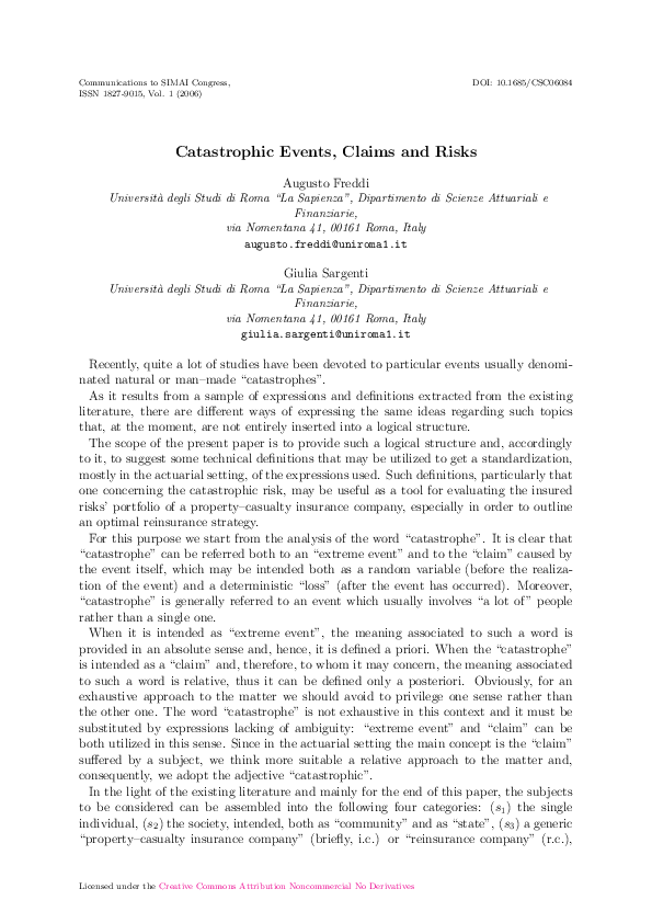 (PDF) Catastrophic Events, Claims and Risks