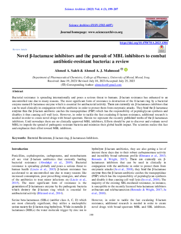 (PDF) Novel β-lactamase inhibitors and the pursuit of MBL inhibitors to combat antibiotic ...