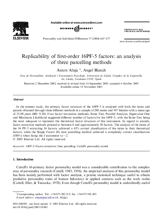 (PDF) Replicability of first-order 16PF-5 factors: an analysis of three ...