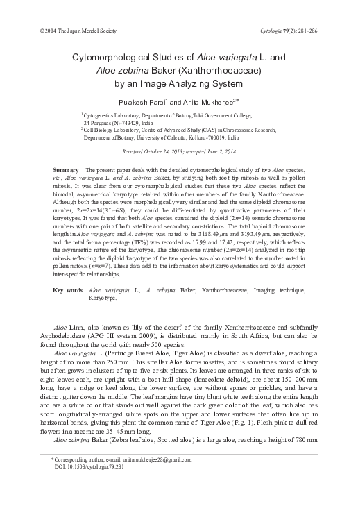 (PDF) Cytomorphological Studies of Aloe variegata L. and Aloe zebrina ...