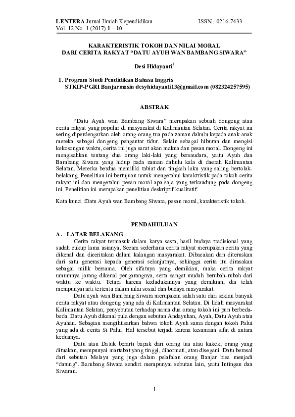 (PDF) Karakteristik tokoh dan nilai moral dari cerita rakyat “Datu Ayuh ...