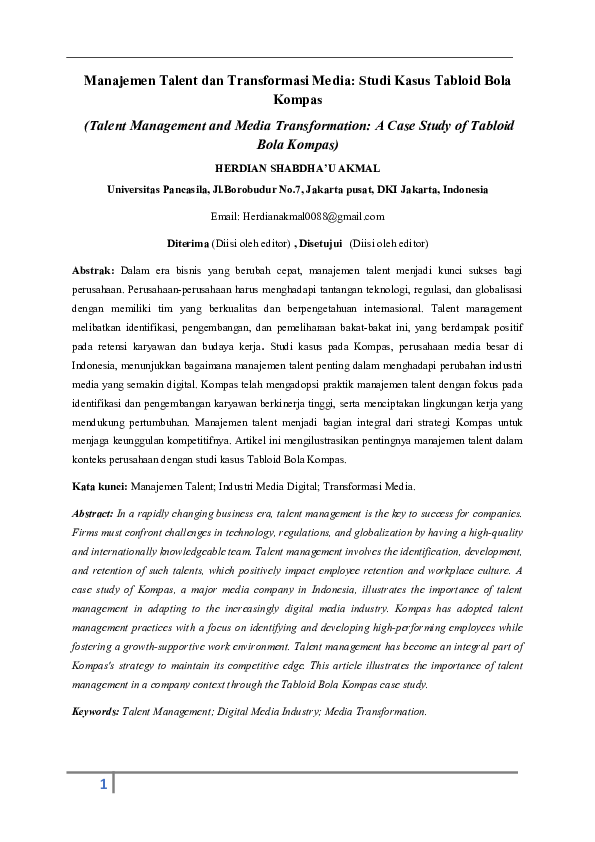 (DOC) Manajemen Talent dan Transformasi Media: Studi Kasus Tabloid Bola Kompas (Talent ...