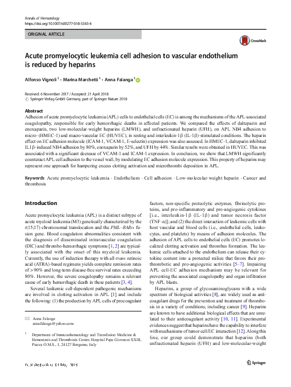 (PDF) Acute promyelocytic leukemia cell adhesion to vascular ...