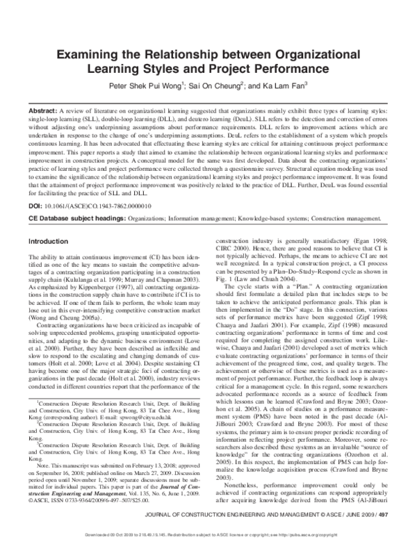 (PDF) Examining the Relationship between Organizational Learning Styles and Project Performance ...
