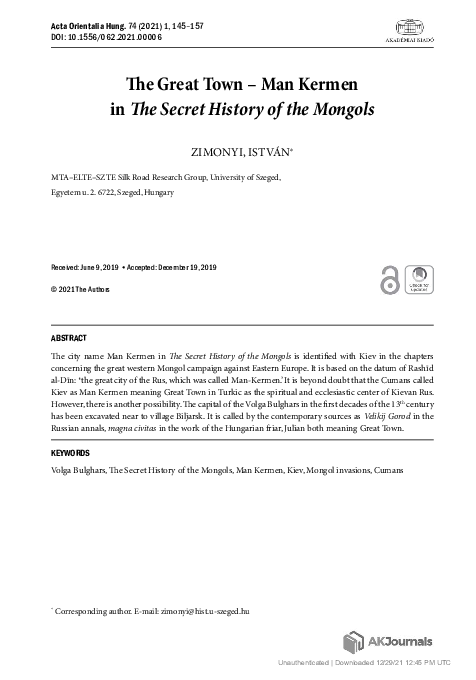 (PDF) The Great Town – Man Kermen in The Secret History of the Mongols