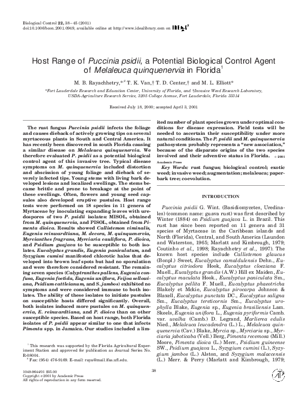 (PDF) Host Range of Puccinia psidii, a Potential Biological Control Agent of Melaleuca ...