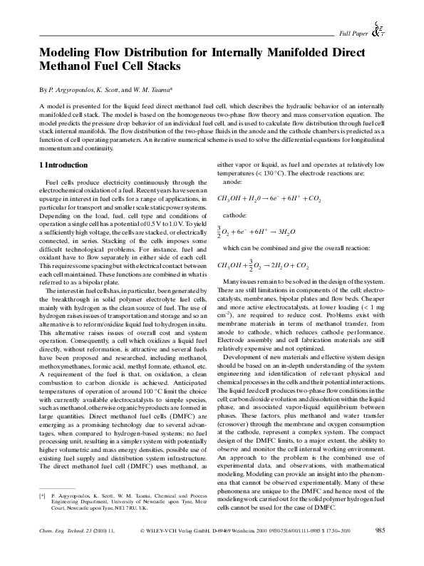 (PDF) Modeling Flow Distribution for Internally Manifolded Direct Methanol Fuel Cell Stacks