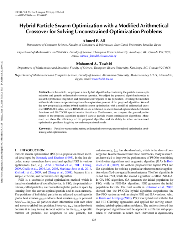 Pdf Hybrid Particle Swarm Optimization With A Modified Arithmetical Crossover For Solving