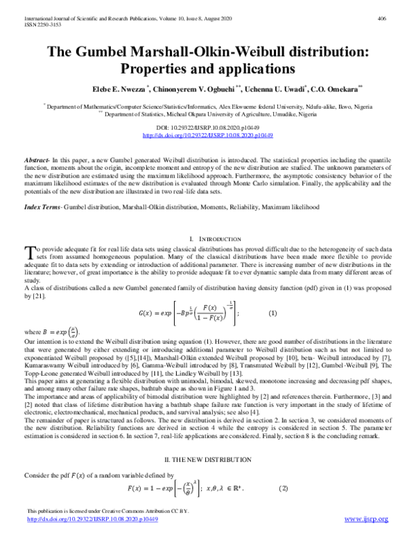 Pdf The Gumbel Marshall Olkin Weibull Distribution Properties And Applications