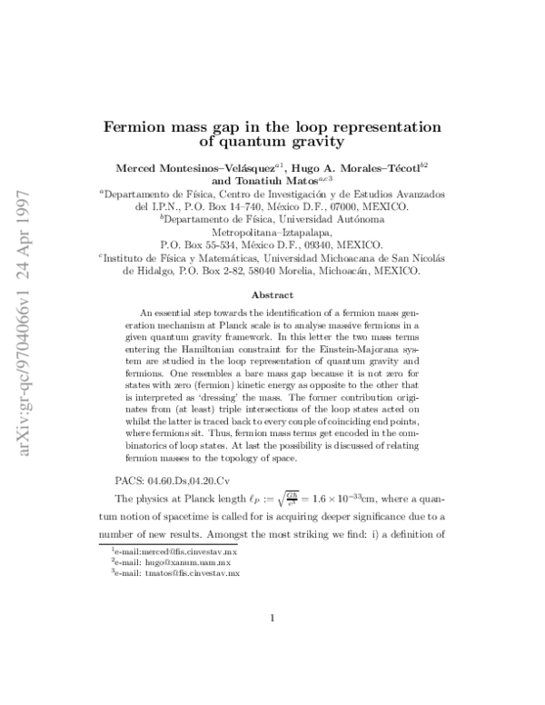 (PDF) Fermion mass gap in the loop representation of quantum gravity ...