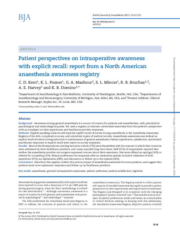 (PDF) Patient perspectives on intraoperative awareness with explicit ...