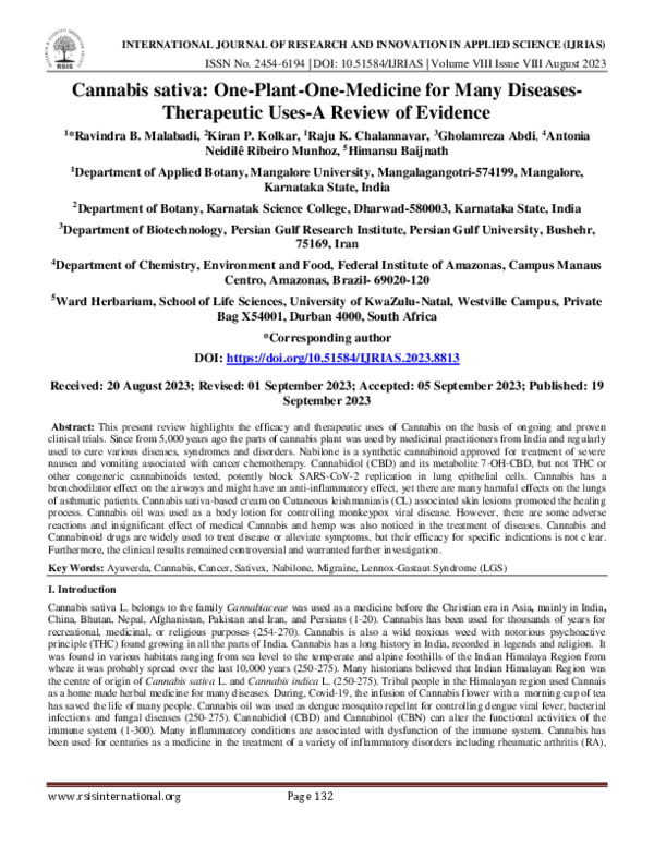 Pdf Cannabis Sativa One Plant One Medicine For Many Diseases