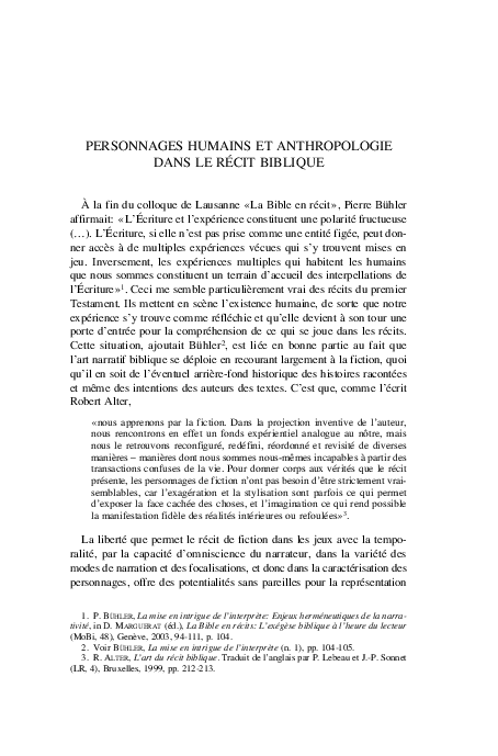 (PDF) Personnages humains et anthropologie dans le récit biblique