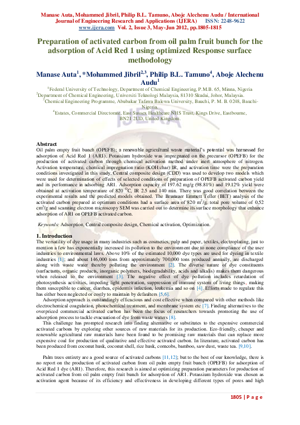 (PDF) Preparation of activated carbon from oil palm fruit bunch for the adsorption of Acid Red 1 ...
