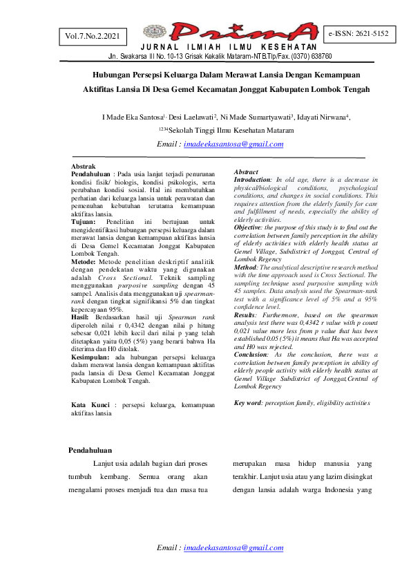 (PDF) Hubungan Persepsi Keluarga Dalam Merawat Lansia Dengan Kemampuan Aktifitas Lansia Di Desa ...
