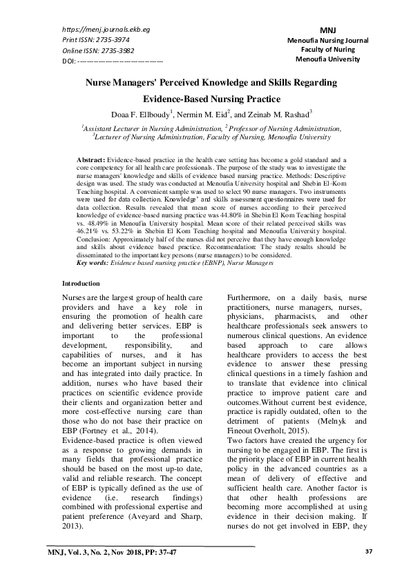 (PDF) Nurse Managers' Perceived Knowledge and Skills Regarding Evidence-Based Nursing Practice