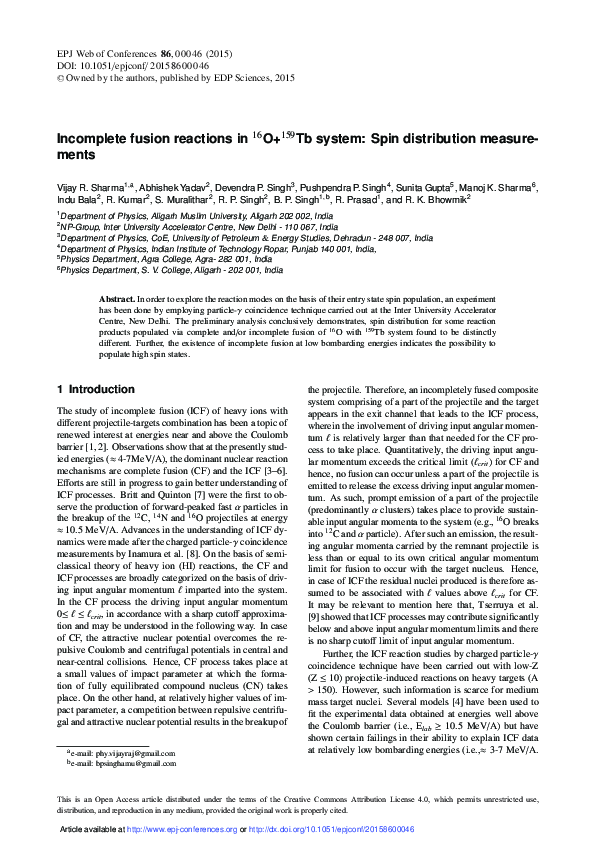 (PDF) Incomplete fusion reactions in 16 O+ 159 Tb system: Spin ...