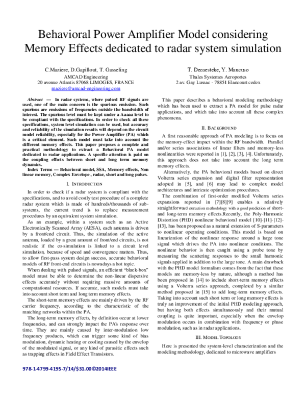 (PDF) Behavioral Power Amplifier Model considering Memory Effects dedicated to radar system ...