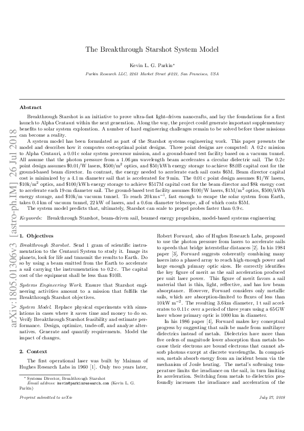 (PDF) The Breakthrough Starshot system model