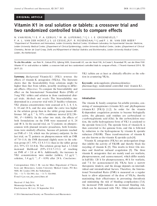 (PDF) Vitamin K1 in oral solution or tablets: a crossover trial and two randomized controlled ...