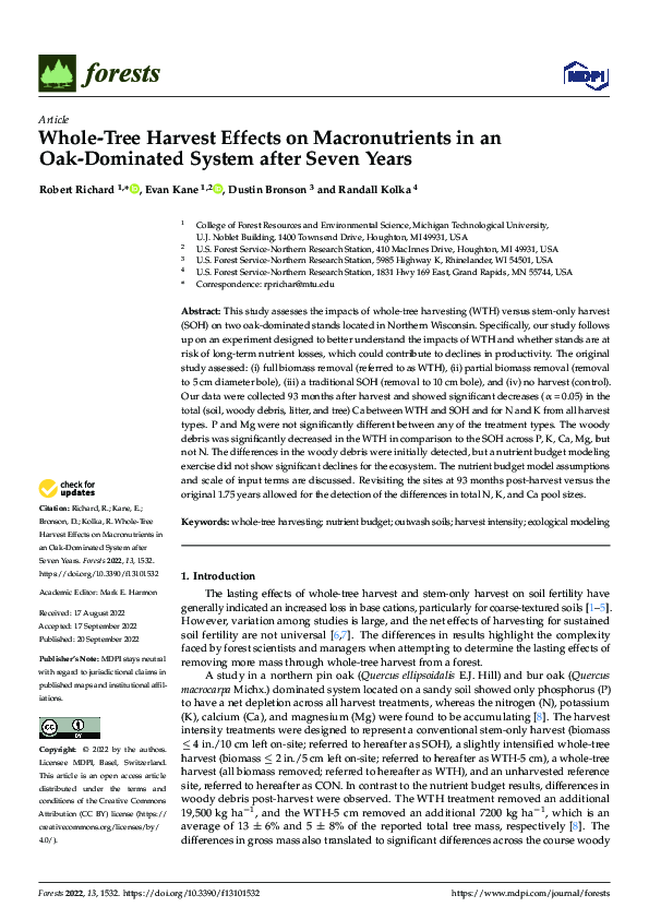 (PDF) Whole-Tree Harvest Effects on Macronutrients in an Oak-Dominated ...