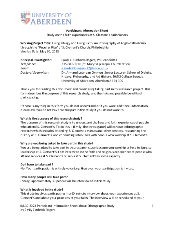 (PDF) S. Clement's & Friends Participant Information Sheet and Consent Form