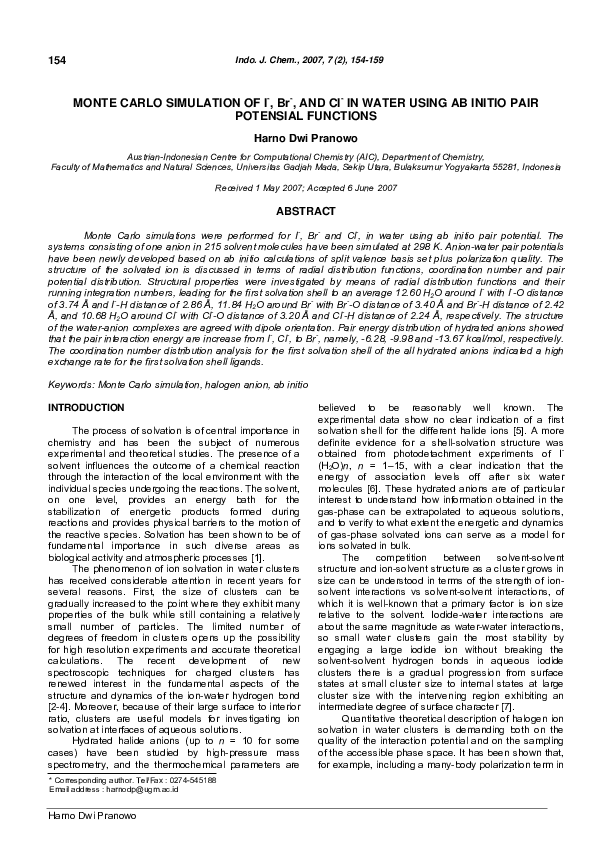 (PDF) Monte Carlo Simulations of Anions in Water