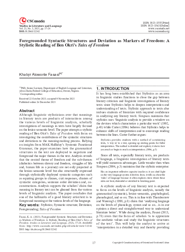 (PDF) Foregrounded Syntactic Structures and Deviation as Markers of ...