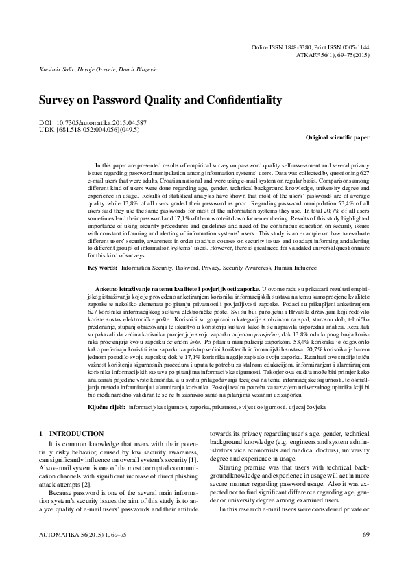 (PDF) Survey on Password Quality and Confidentiality | Damir Blažević ...