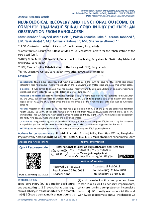 (PDF) Neurological Recovery and Functional Outcome of Complete ...