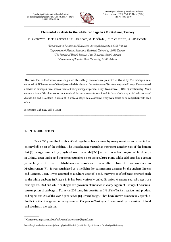 (PDF) Elemental analysis in the white cabbage in Gümüşhane, Turkey