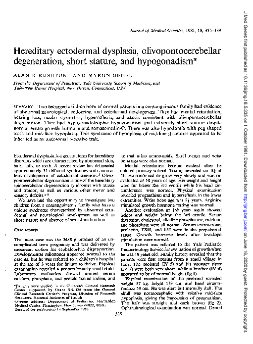 Pdf Hereditary Ectodermal Dysplasia Olivopontocerebellar Degeneration Short Stature And