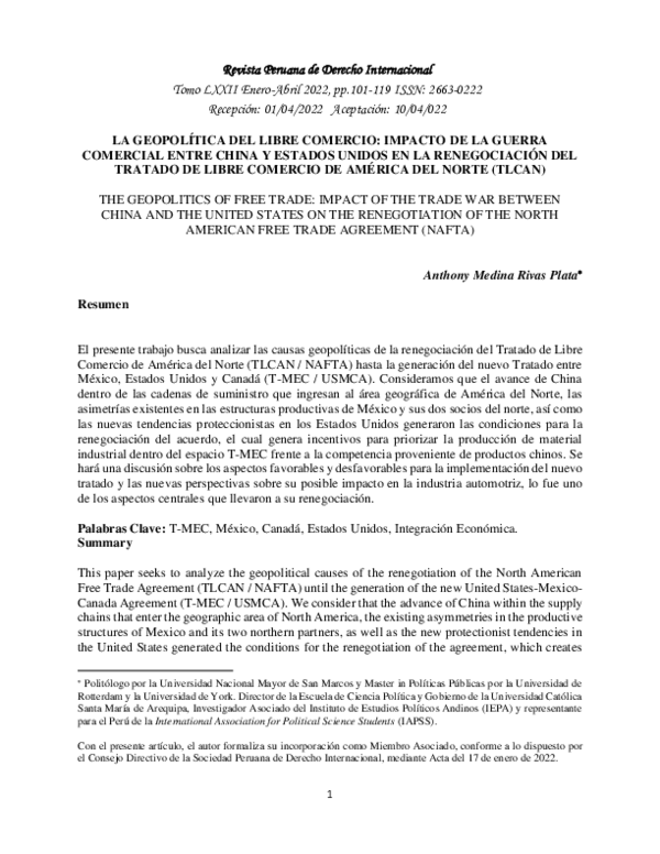 (PDF) La Geopolítica del Libre Comercio: Impacto de la guerra comercial entre China y Estados ...