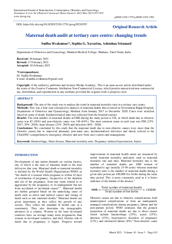 (PDF) Maternal death audit at tertiary care centre: changing trends
