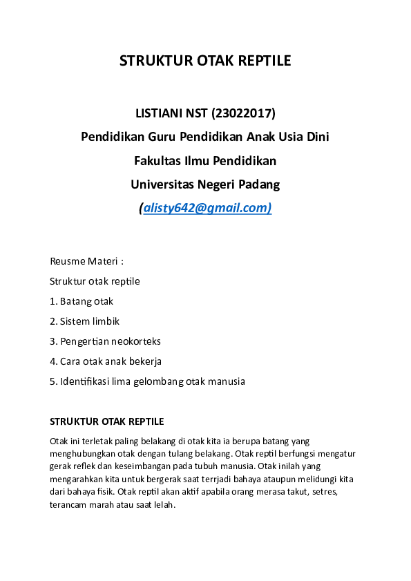 (PDF) STRUKTUR OTAK REPTIL DAN MAMALIA SERTA CARA OTAK ANAK BEKERJA ...