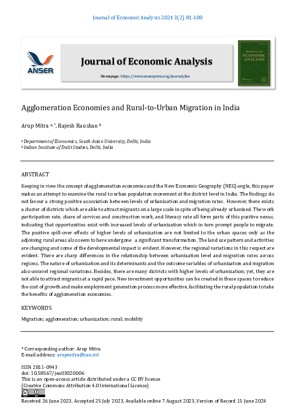 (PDF) Agglomeration Economies and Rural-to-Urban Migration in India